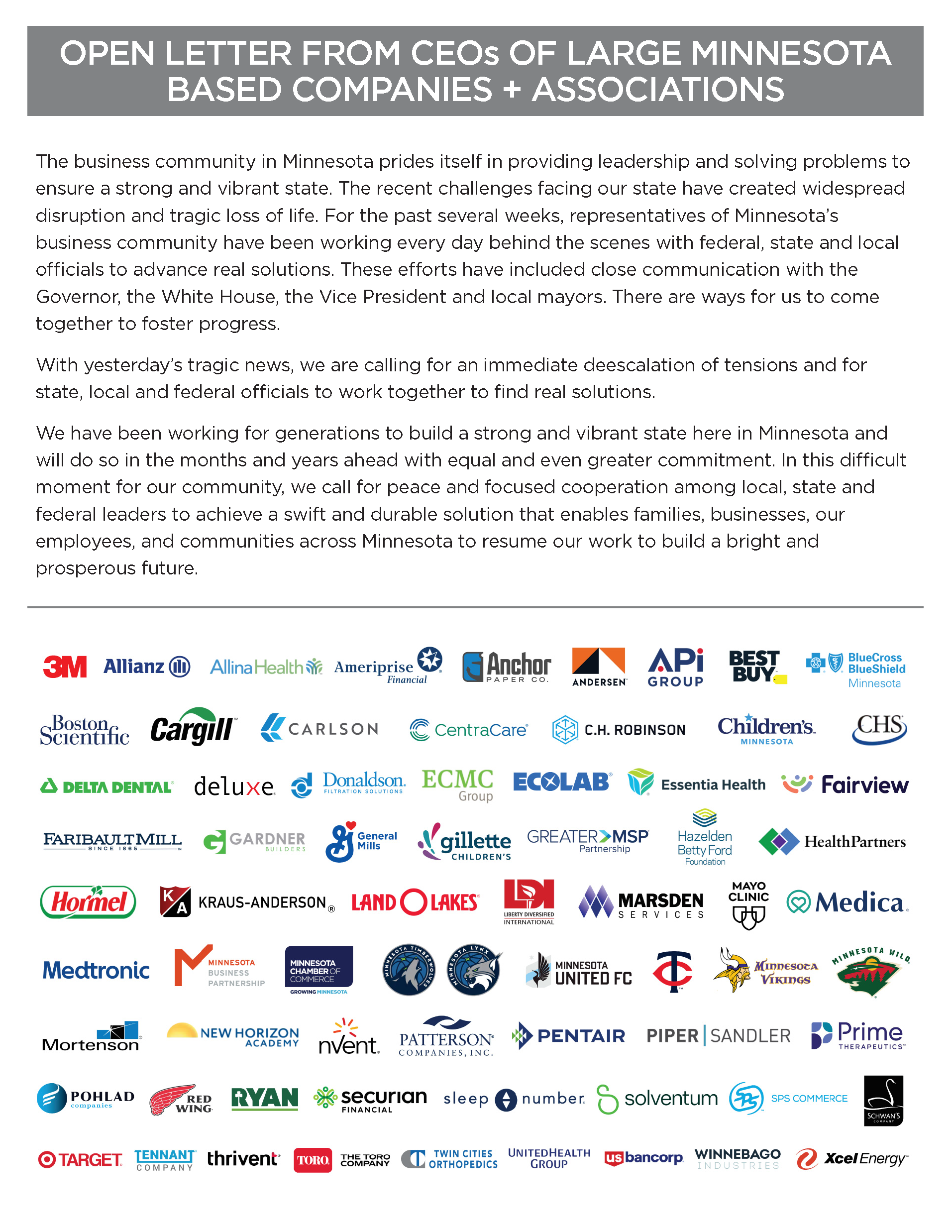 OPEN LETTER FROM CEOs OF LARGE MINNESOTA BASED COMPANIES + ASSOCIATIONS ...